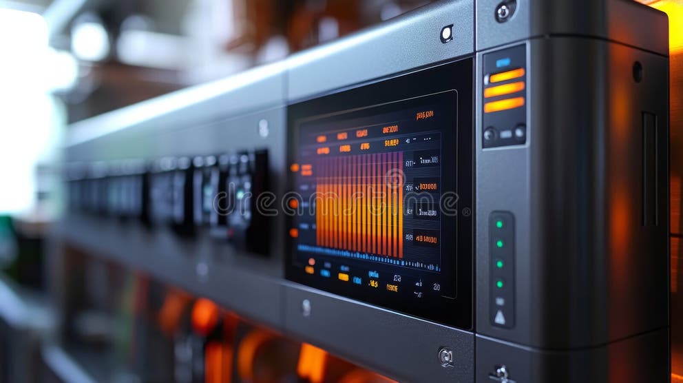 Close-up View of a Solar Inverter Displaying Holographic Interface with ...