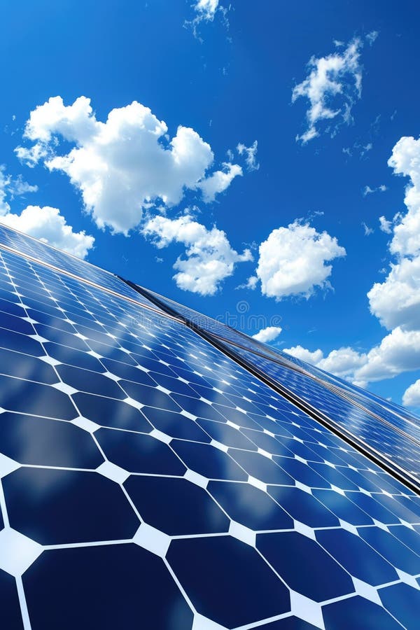 A Close-up View of a Solar Panel Against Cloudy Sky Backdrop Stock ...
