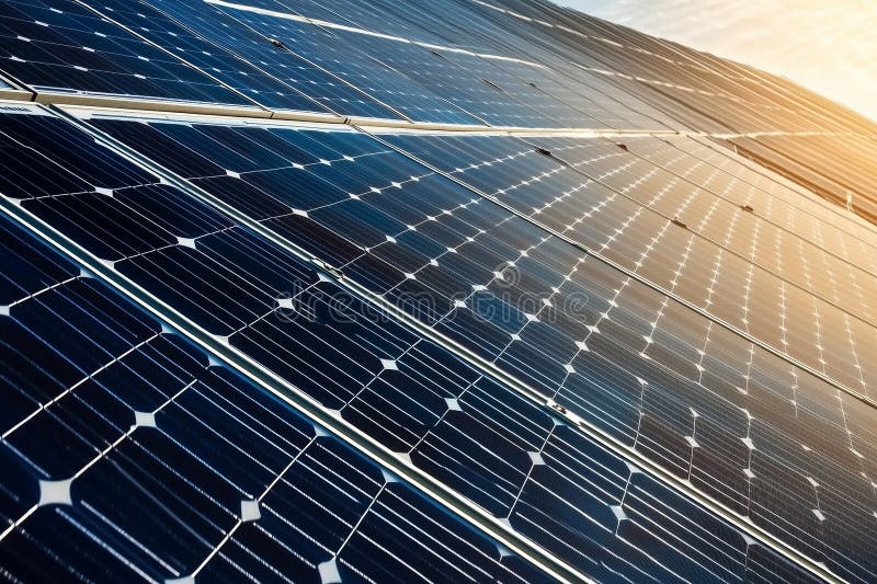 Close-up View of a Solar Panel with the Warm Glow of a Sunset in the ...