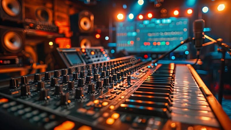 A Close-up View of a Sound Mixing Board and Keyboard in a Recording ... A Close-up View of a Sound Mixing Board and Keyboard in a Recording ...