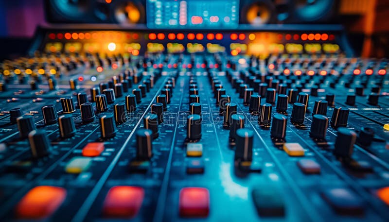 Close-up View of Sound Mixing Console with Colorful Lights Stock Photo ...