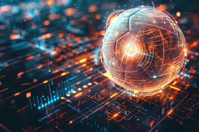 A Close-up View of a Sphere on a Circuit Board with Glowing Lines ...