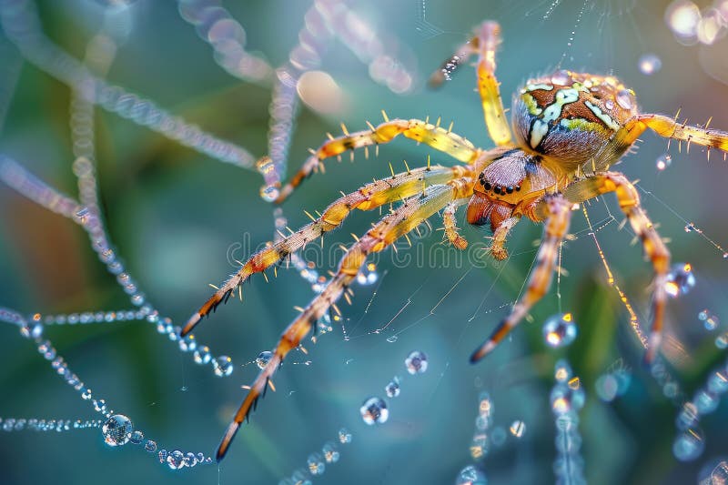 Close-up View of a Spider on His Web Dripping with Dewdrop Stock ...