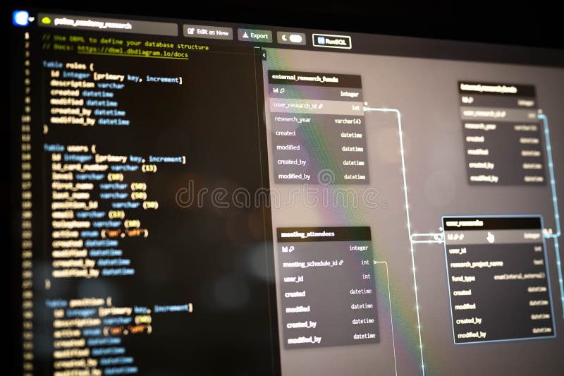 Close-up View of SQL Database Schema Design and Code Editor on a Computer Screen. Stock Image ...