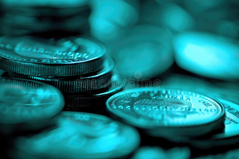 A Close-up View of a Stack of Coins Illuminated in Teal Light ...