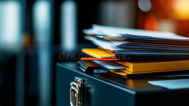 A Closeup View of a Stack of Papers and Folders on a Black Filing ...