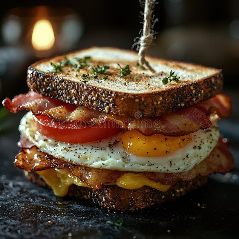 Close-up of Gourmet Breakfast Sandwich with Egg and Bacon Stock Image ...