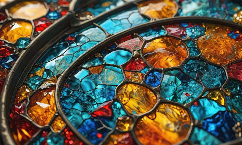 Close-up View Stained Glass Window, Featuring Vibrant Array ...