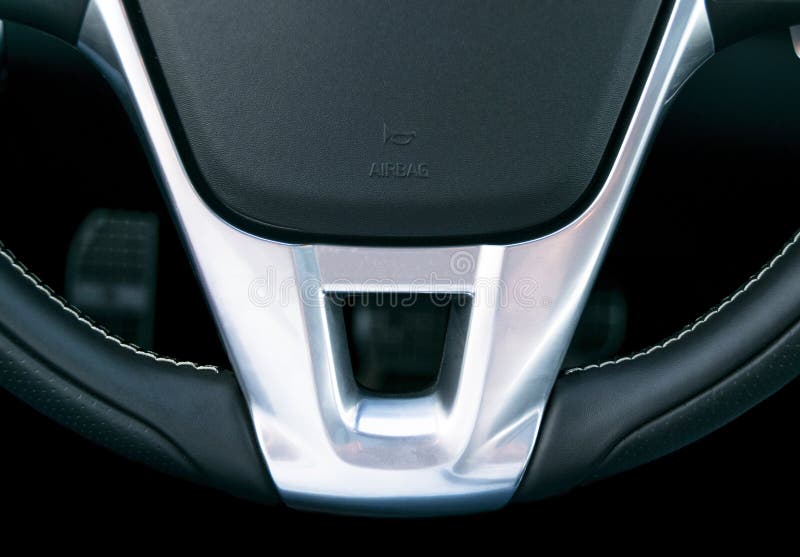 Close Up View of Steering Wheel, Black Leather Car Interior Design ...
