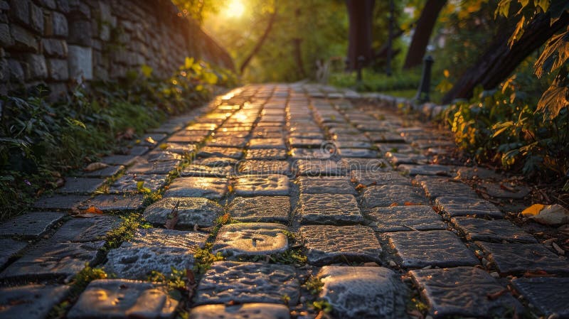 Sunlit Stone Pathway through Ancient Gardens Stock Image - Image of ...
