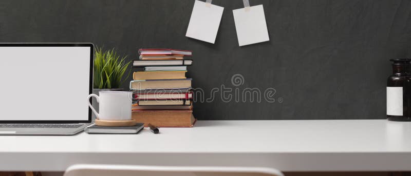 Study Table with Mock Up Laptop, Stack of Books, Notepad, Decorations ...