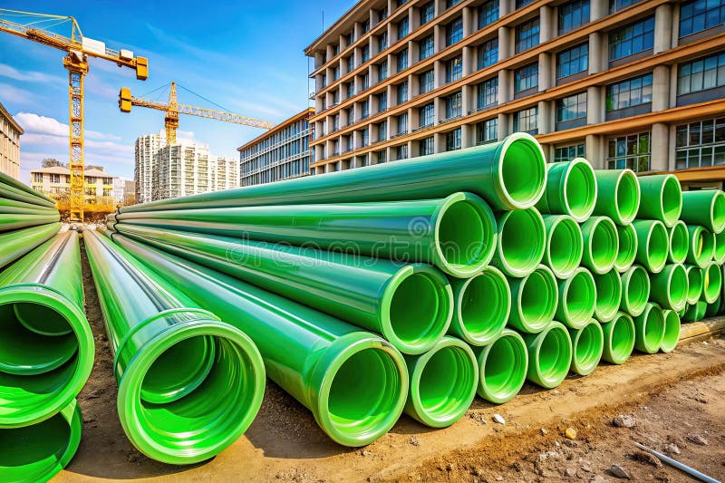Stacked Green Sewage Pipes at a Construction Site Industrial ...