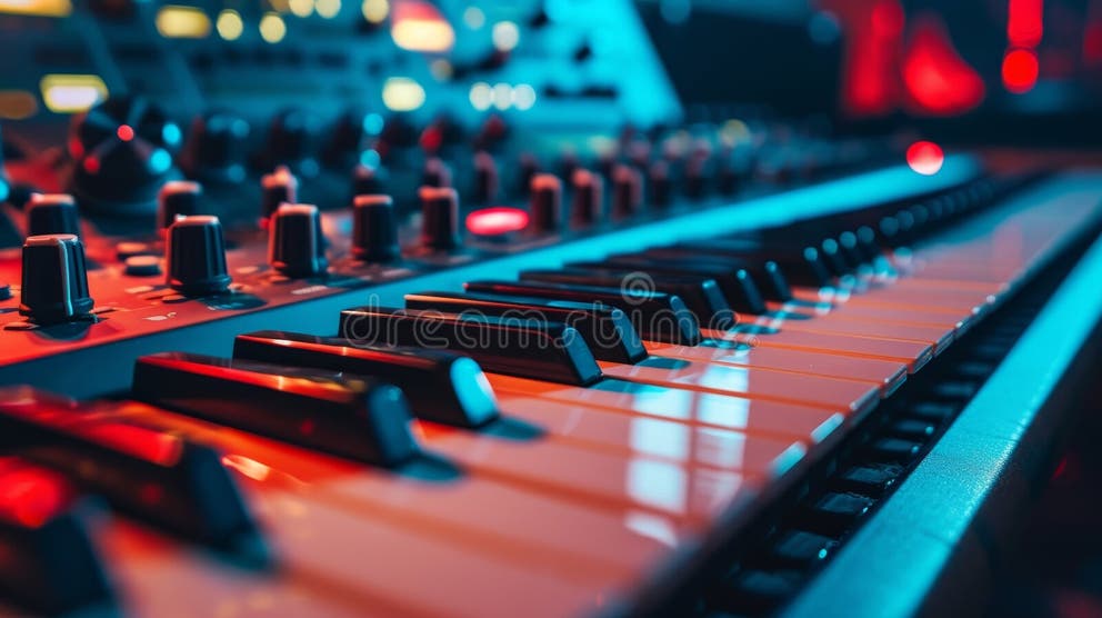 Close-up View of a Synthesizer Keyboard with a Blurred Screen in a ...