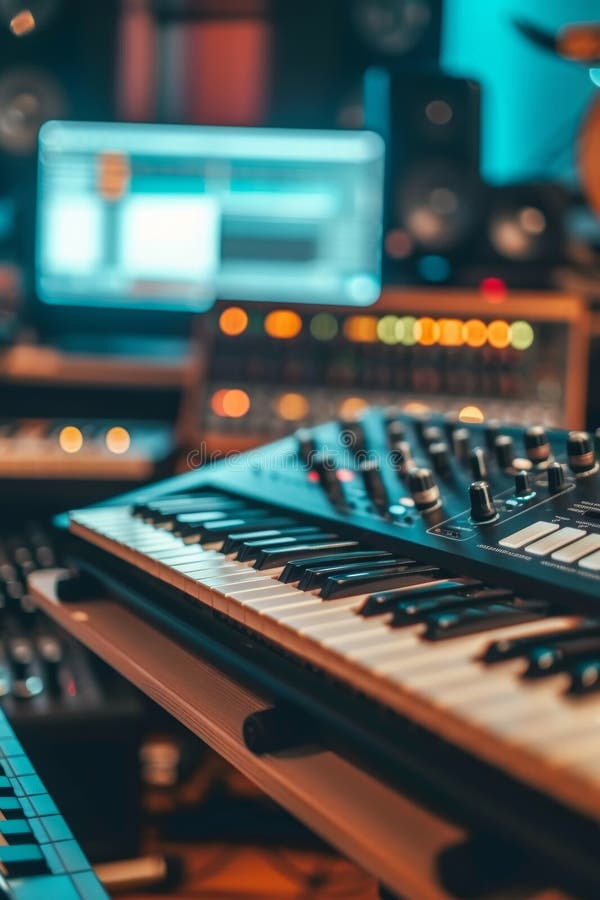 Close-up View of a Synthesizer Keyboard with a Blurred Screen in a ...