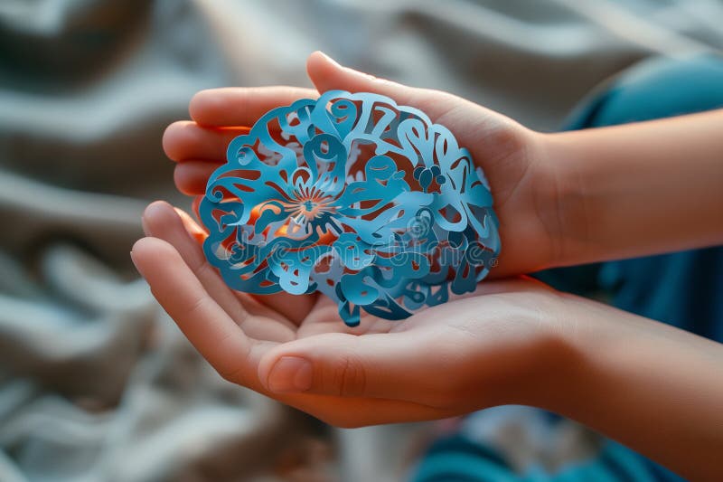 Teal Paper Brain Model Held in Open Hands Stock Photo - Image of memory ...