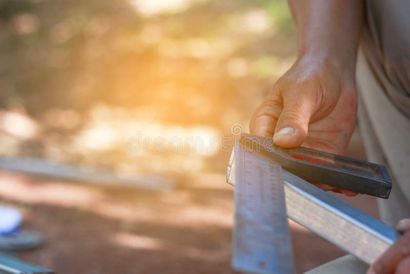 Close Up View of Technician Using Try Square Marking on Steel. Stock ...