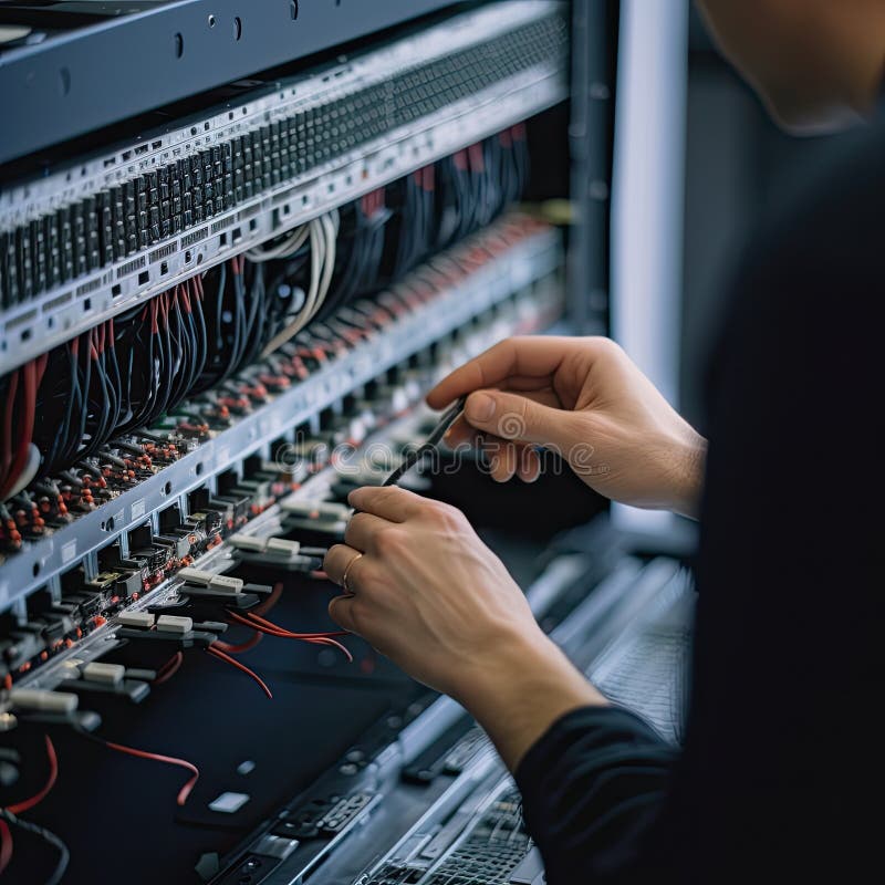 Close Up View of Technician Working with Cables in Network Server Room ...