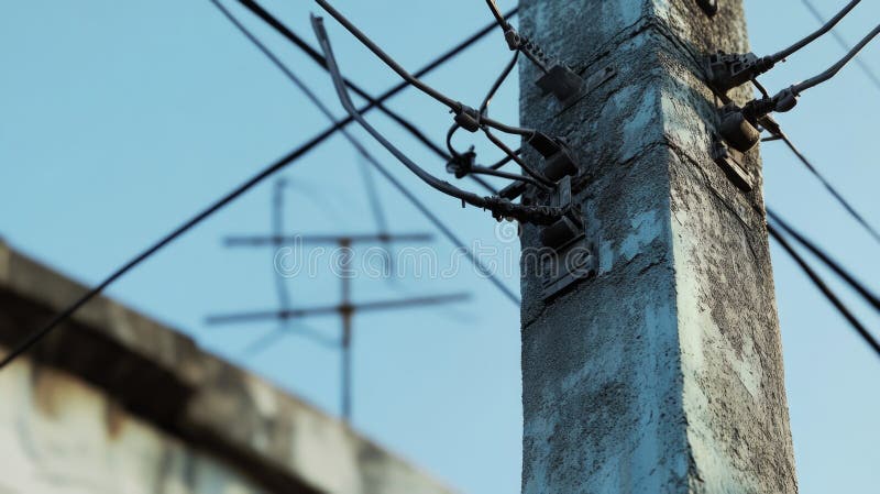 Close-up View of a Telephone Pole with Tangled Wires, Suitable for Use ...