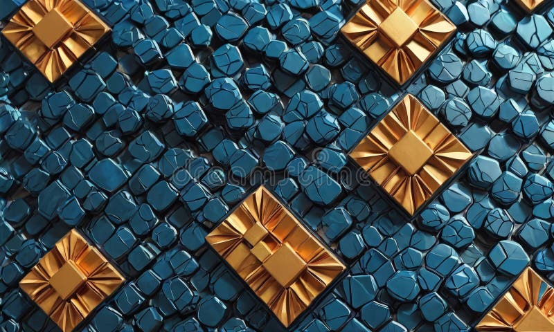Close-up View Textured Blue Wall with Gold-colored Diamond-shaped Tiles ...