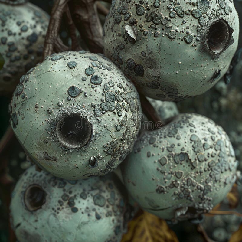 Close-up View of Textured Spherical Objects Covered in Droplets on a ...