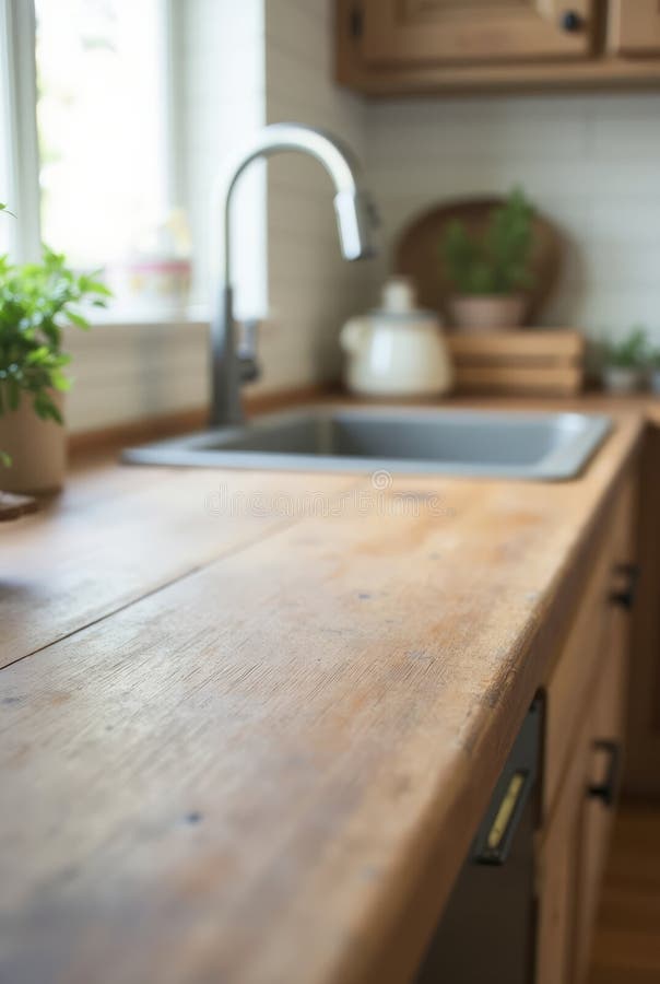 Close-Up View of a Thick Wooden Countertop with Visible Grain and ...