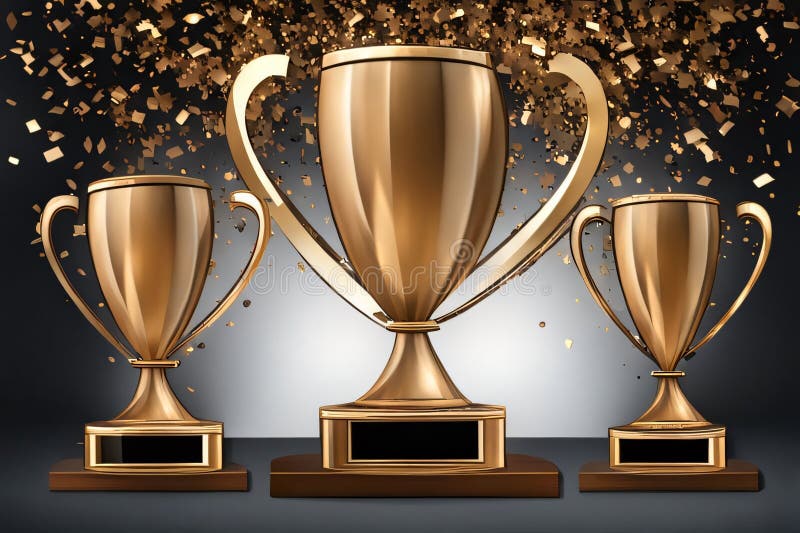 Close-up View of Three Bronze Trophies, Different Sizes, on a Dark ...