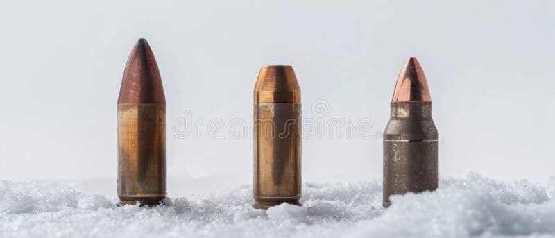 Three Rifle Bullets Standing on White Snow Background Stock ...