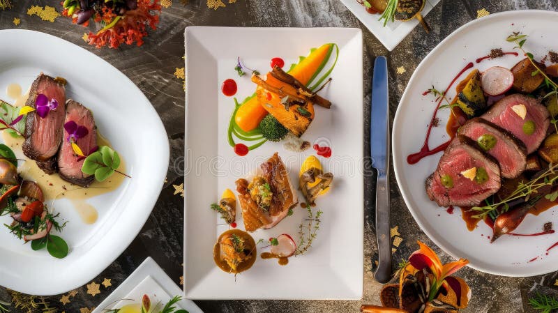 Gourmet Dinner Plates stock photo. Image of fork, presentation - 329640936