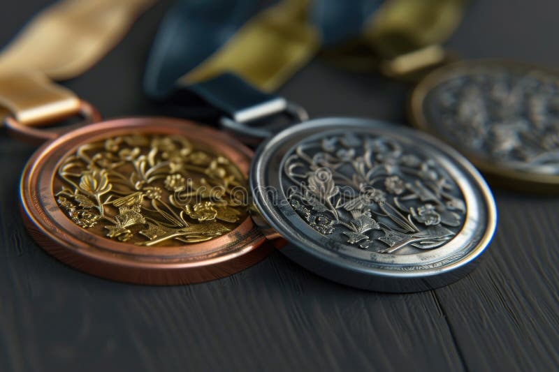A Close-up View of Three Medals Sitting on a Flat Surface Stock Photo ...
