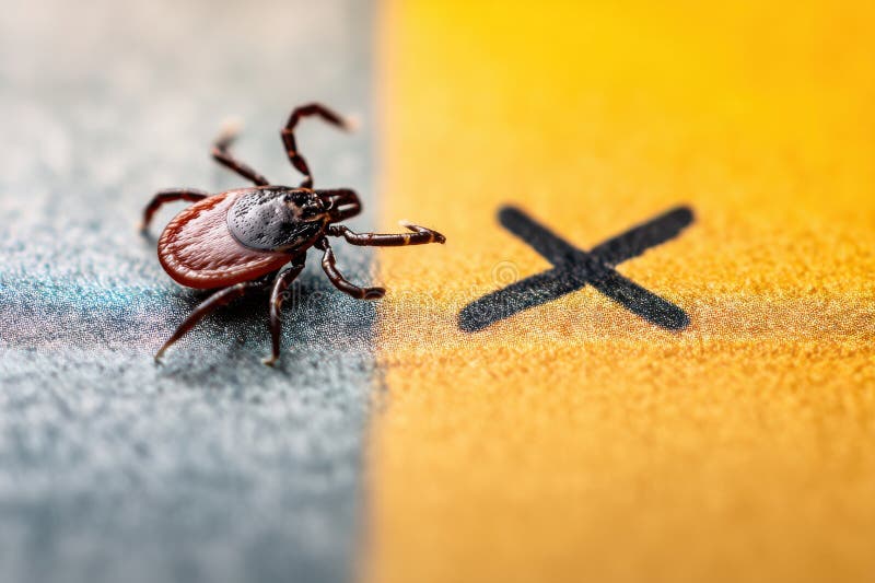 Close-up View of a Tick Crawling on a Colored Surface Marked with an X ...