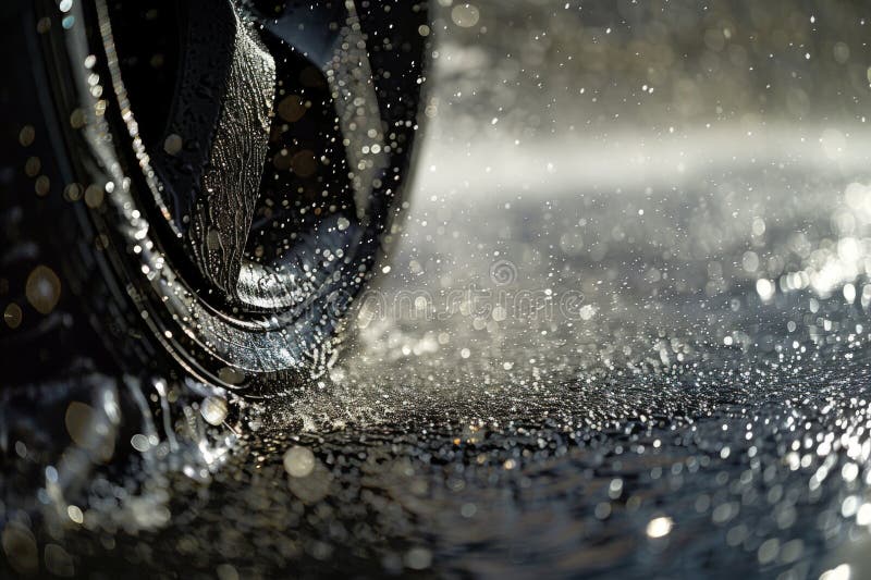 Close-up View of a Tire Moving Fast through Water, Creating Dynamic ...