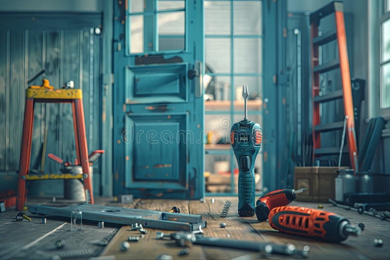 A Close-up View of Tools Used for Door Installation, Including a Drill ...