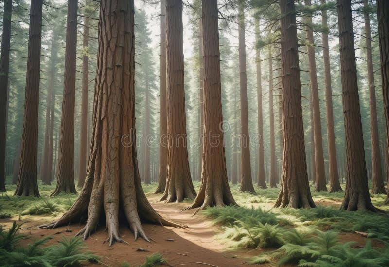 A Close-up View of Towering Pine Trees Standing Tall on a Lush Stock ...