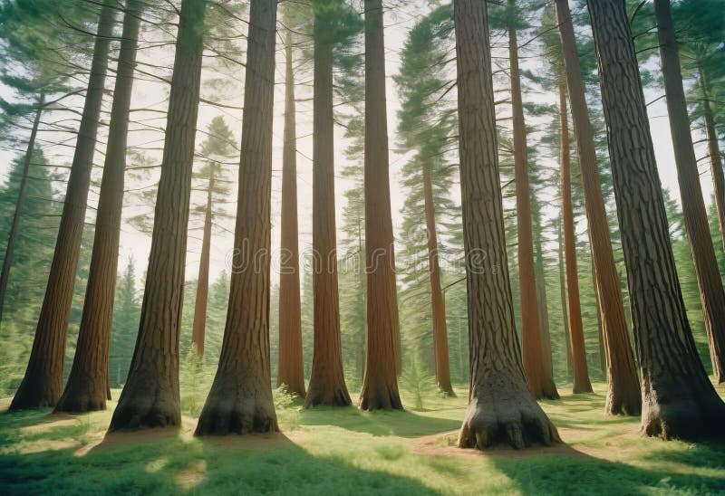 A Close-up View of Towering Pine Trees Standing Tall on a Lush Stock ...