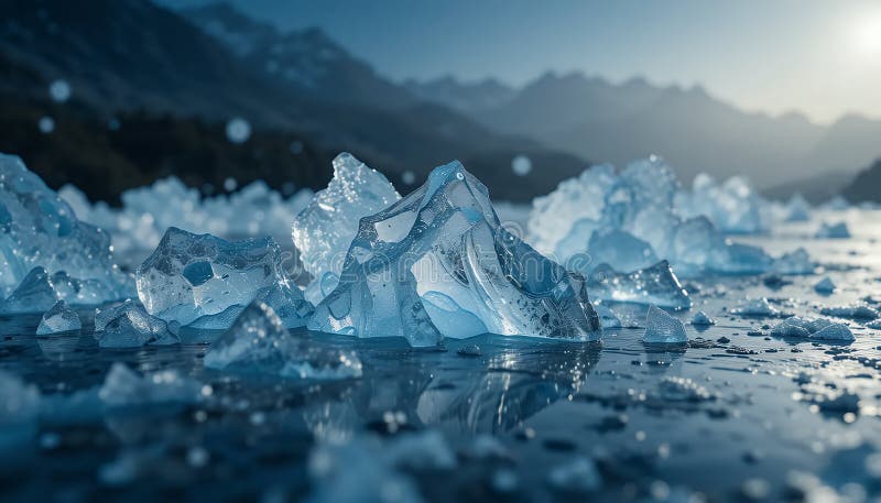 Translucent Blue Ice Chunks on Calm Water with Mountain Background ...