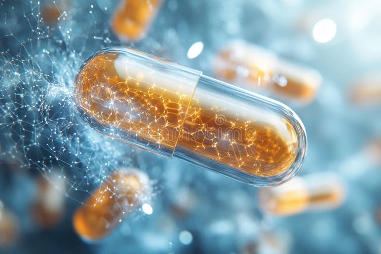 A Close-up View of a Transparent Capsule Floating in a Digital Network ...