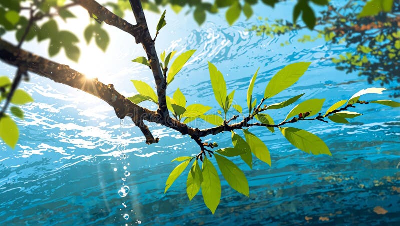 A Close-up View of a Tree Branch with Sunlight Filtering through Water ...