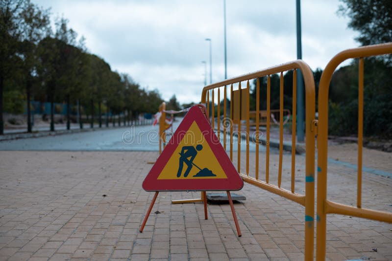 Close-up View of a Triangular Construction Warning Sign Stock Photo ...