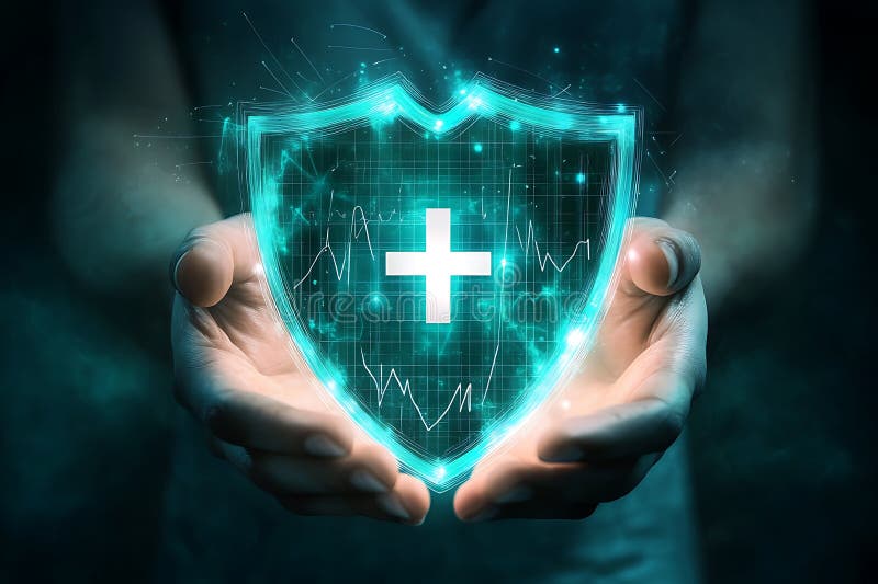 A Close-up View of Two Hands Holding a Glowing, Translucent Teal Shield ...