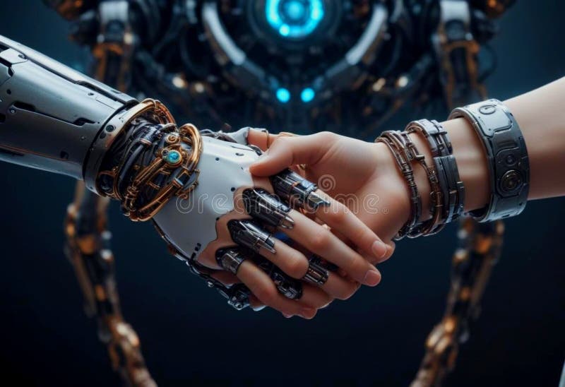 A Close-up View of a Two Hands Shaking One Human and One Robotic Stock ...