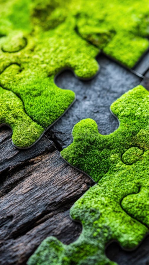Close Up View of Two Interlocking Puzzle Pieces Featuring Natural Moss ...