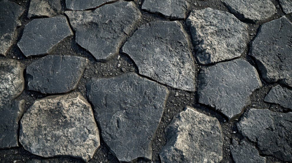 A Close-up View of Uneven, Dark Stone Pavement with a Rugged Texture ...