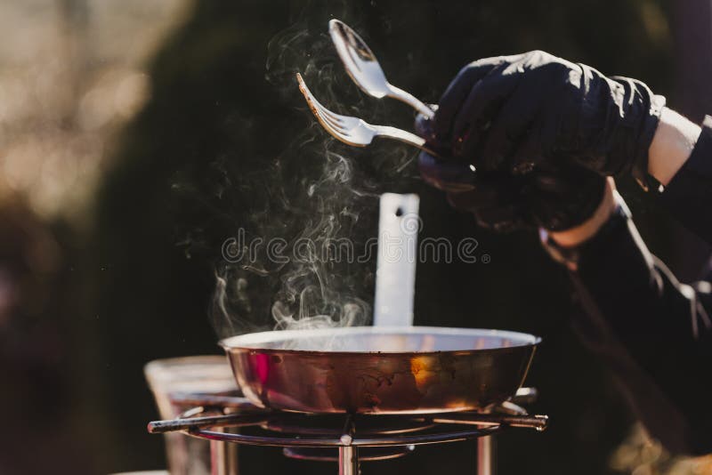 Close Up View of Unrecognizable Chef Cooking Outdoors Kitchen Stock ...