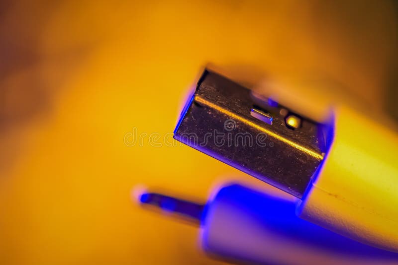 Close Up View of USB Connector, Backlit with Blue and Yellow Light ...