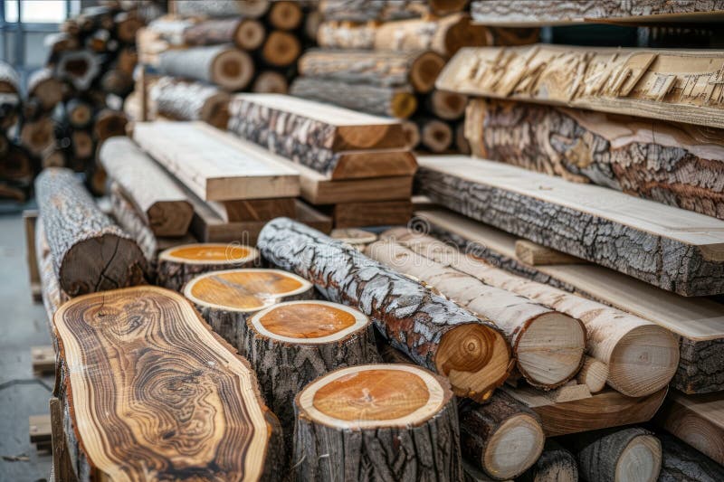 Close-up View of Various Timber Logs in a Warehouse, Emphasizing ...