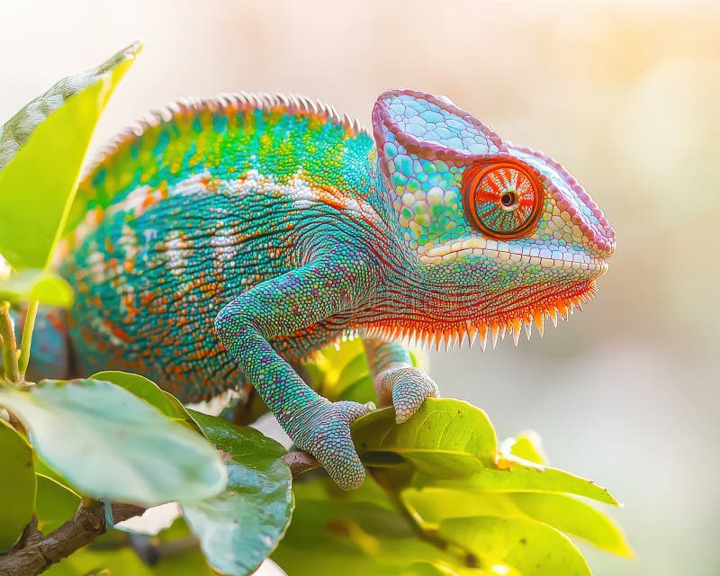 Colorful Chameleon Changing Colors on Green Leaves Stock Photo - Image ...