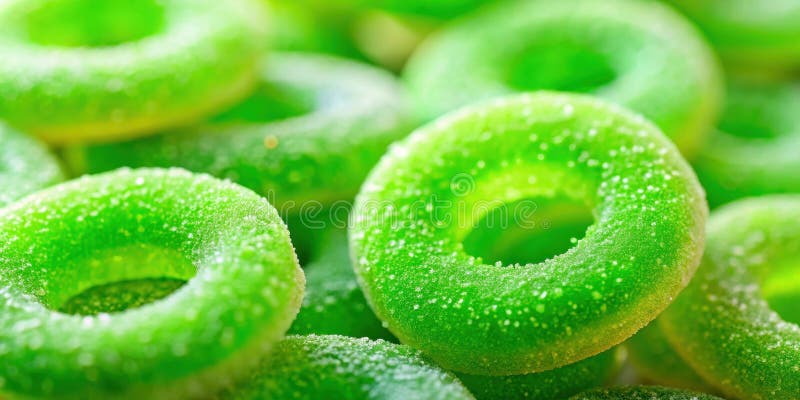 Close-up View of Vibrant Green, Sugary Ring-shaped Candies. Generative ...