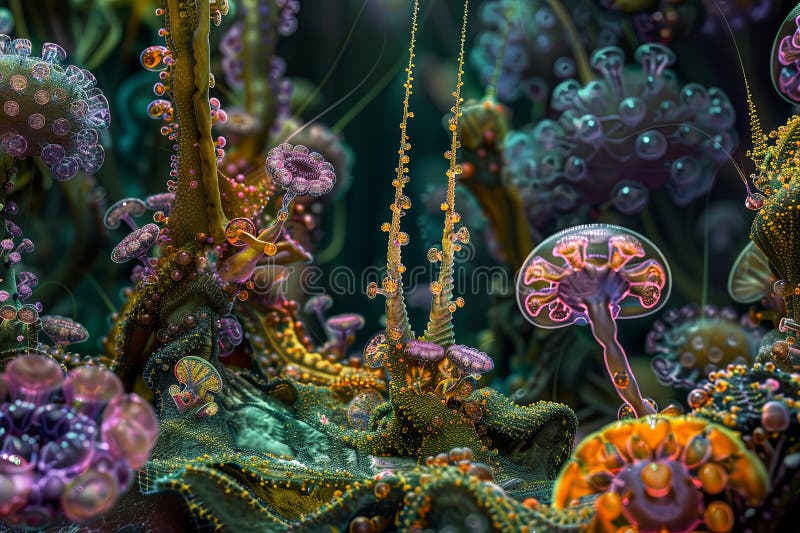 A Close-up View of a Vibrant Microscopic Ecosystem Featuring Colorful ...