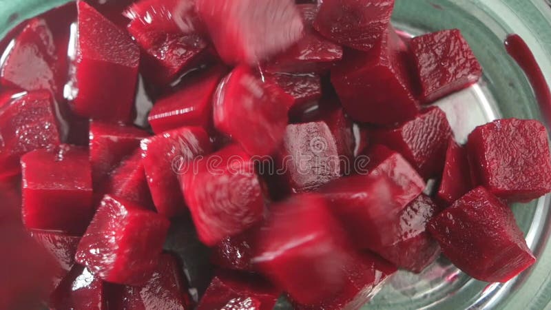 Close-Up View of Vibrant Red Cooked Beetroot Cubes in Glass Dish Stock ...