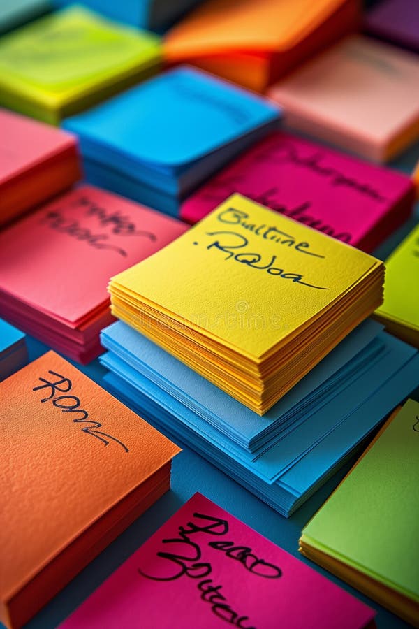 Close Up View of Vibrant, Stacked Sticky Notes, Each Labeled with ...